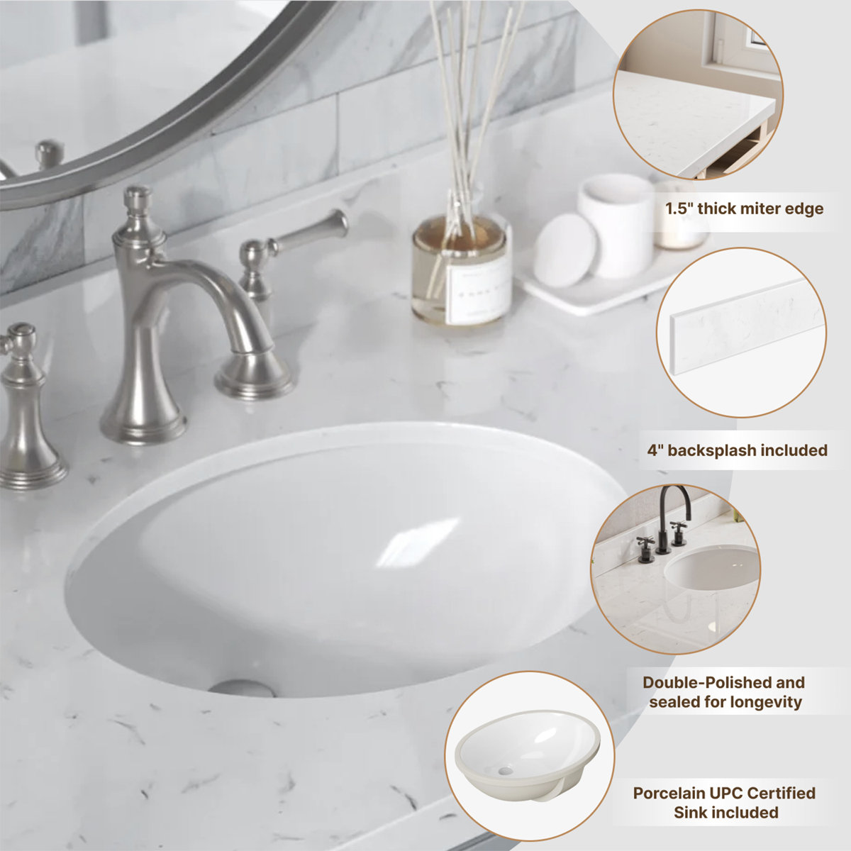 Ariel Bath ARIEL 60 INCH CARRARA WHITE QUARTZ BATHROOM VANITY ...
